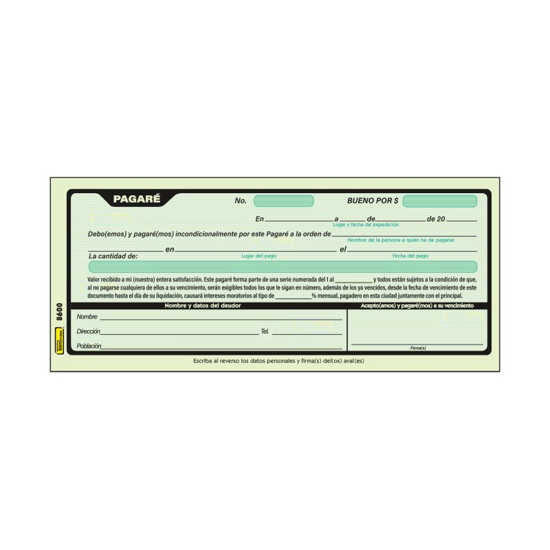 Block Pagare 50 Hojas Printaform 8600 9 X 21.5 Cm Verde