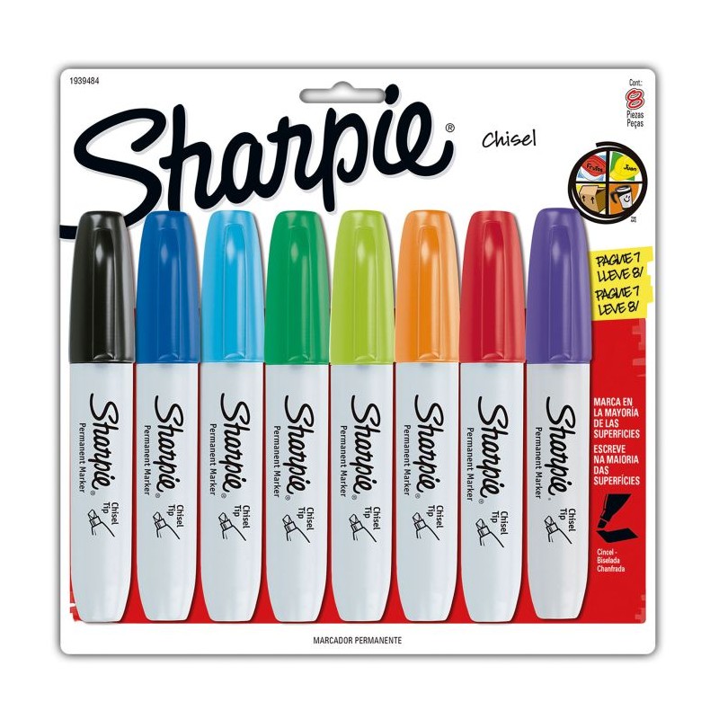 Marcador Permanente Sharpie Chisel Bl/8 Surtido, Punta Cincel